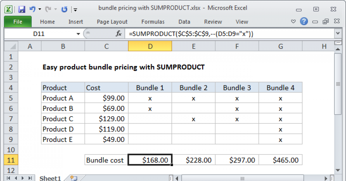 Easy bundle pricing with SUMPRODUCT - Excel formula | Exceljet